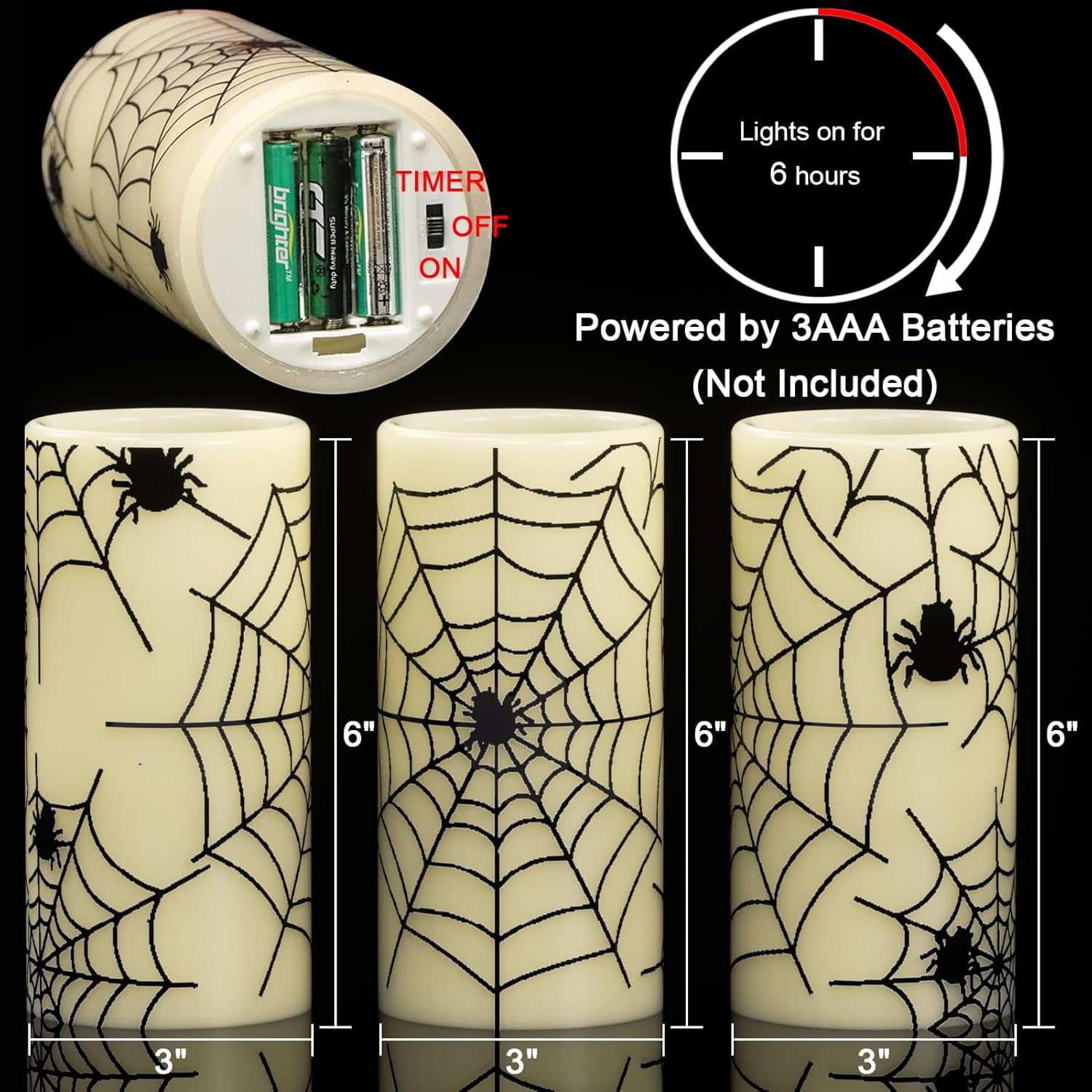 JUNXIAO-Flameless Candles Battery Operated with Timer, Set of 3 Spider ...