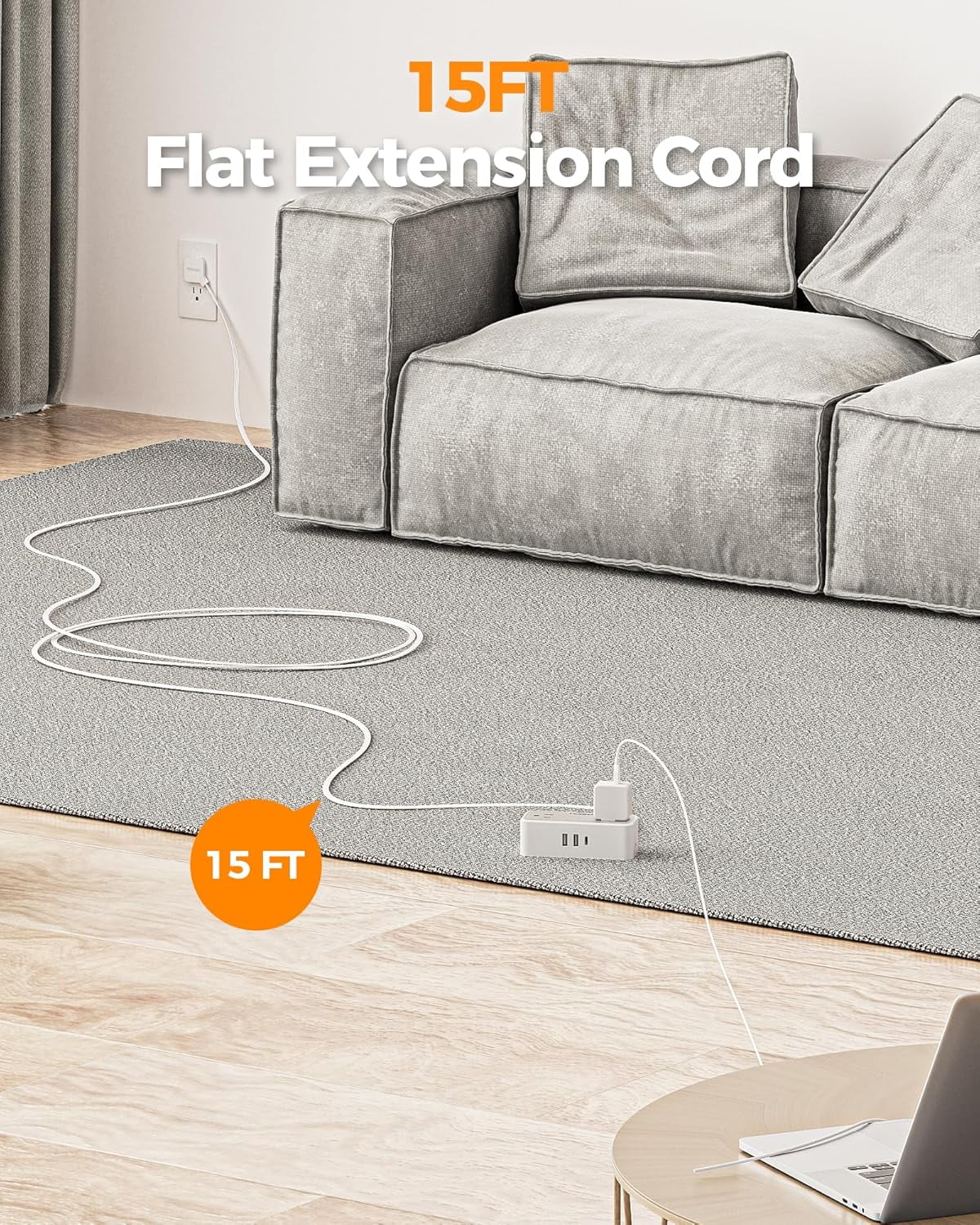 JUNXIAO-Flat Extension Cord 15 FT, Surge Protector Power Strip with 4 ...