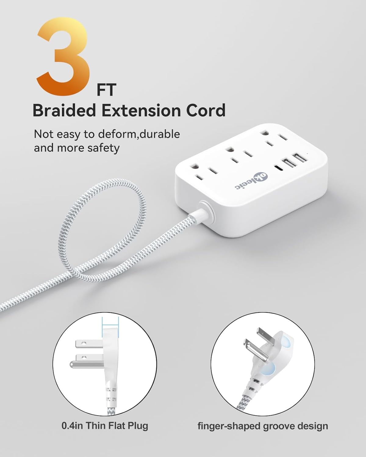 JUNXIAO-Flat Plug Power Strip with USB Ports, Flat Extension Cord 3FT ...
