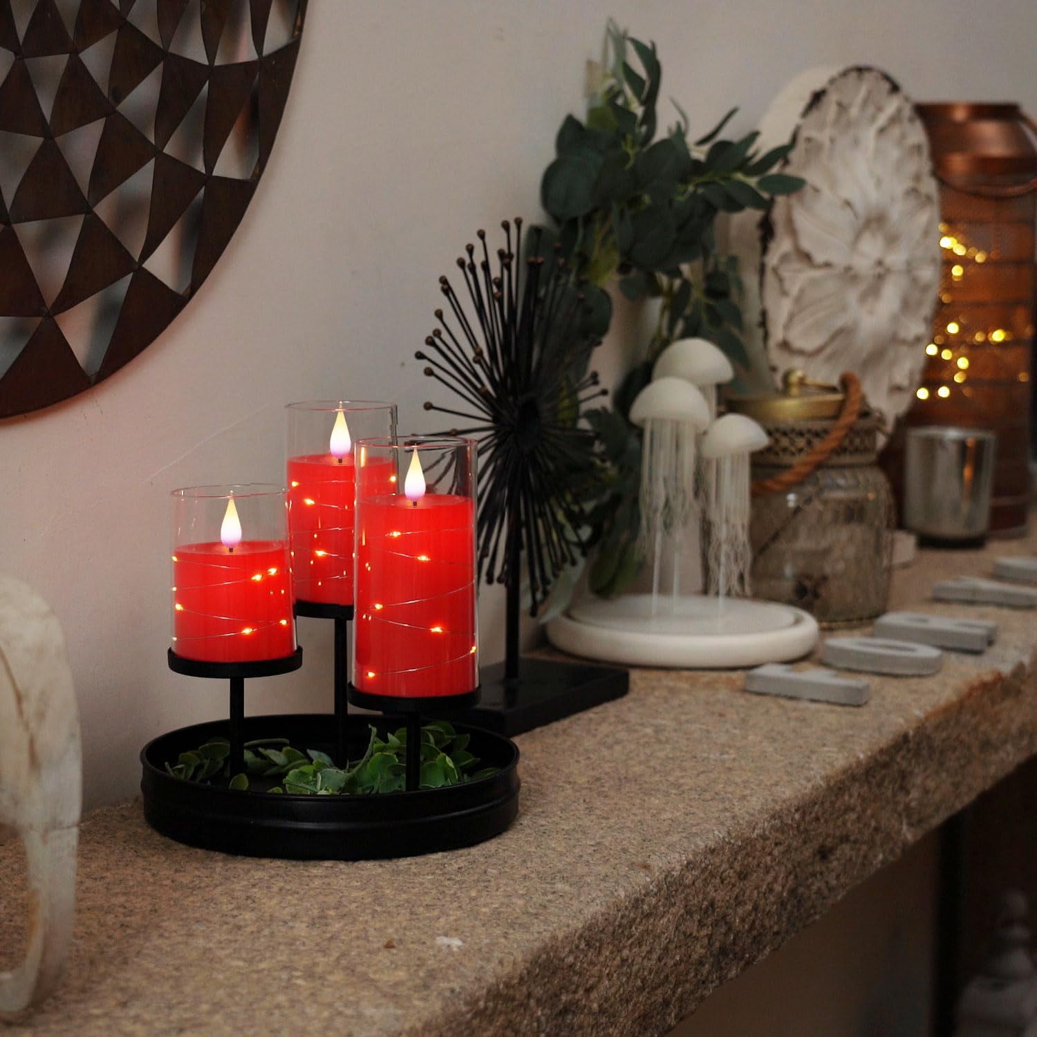 JUNXIAO-Flickering Flameless Candles with String Lights, Battery Operated Candles, Embedded ...