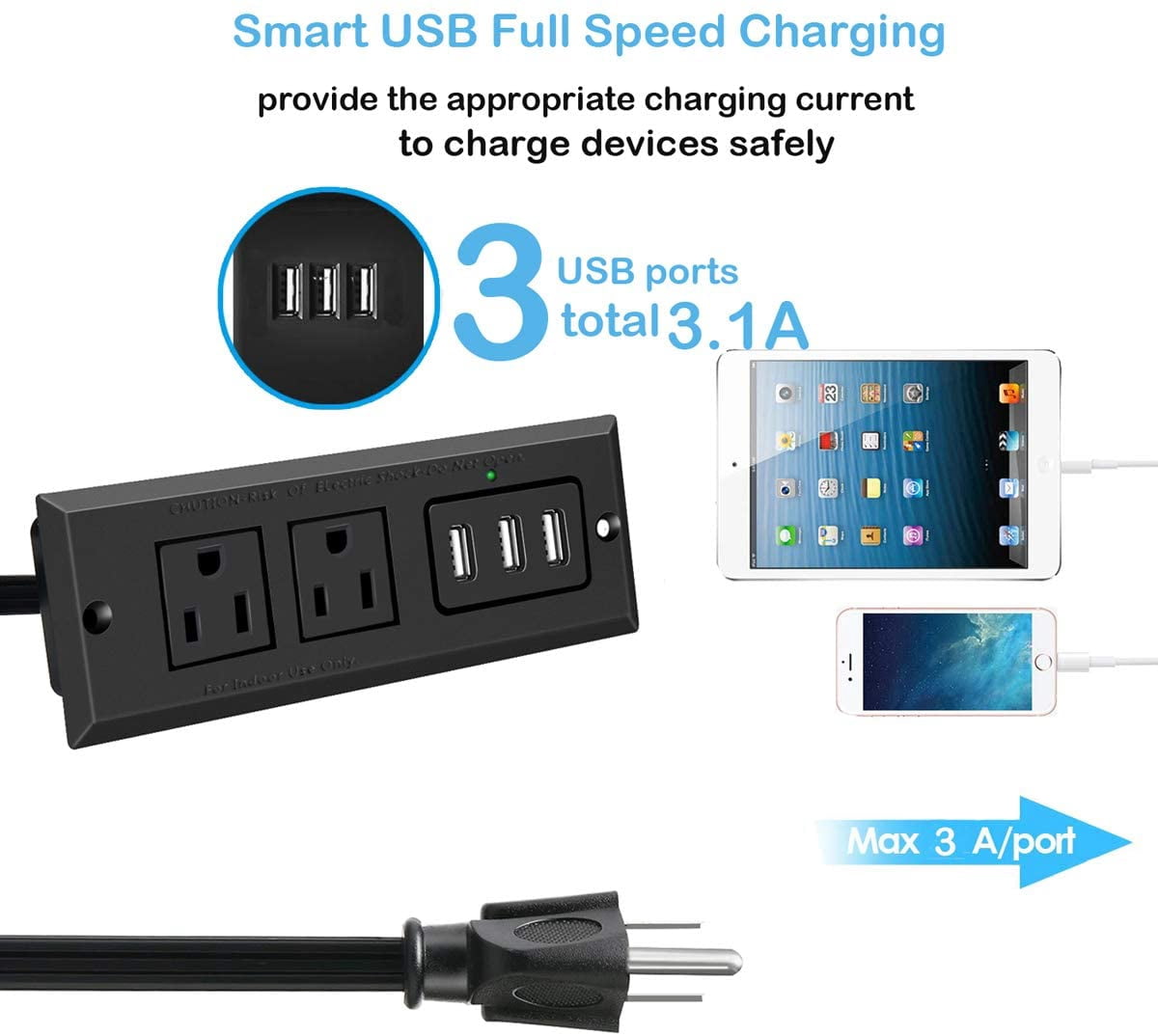 JUNXIAO-Furniture Recessed Power Strip, Black Desk Outlet with USB ...