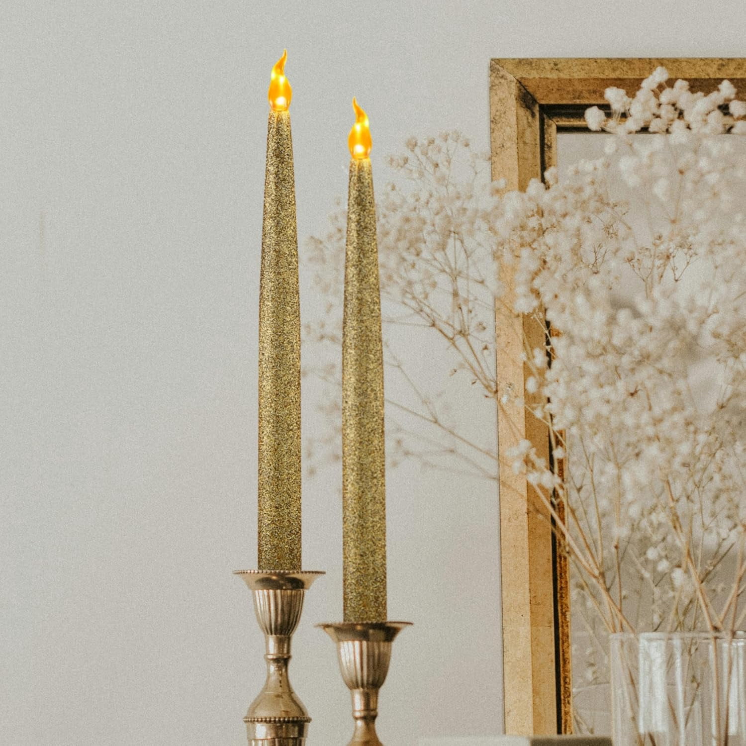 JUNXIAO-Gold Glitter LED Candles - Flickering Flameless Taper Candles ...