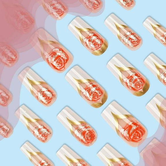 JUNXIAO-Gold Press On Nails Medium Coffin False Nails Glitter V Shape ...