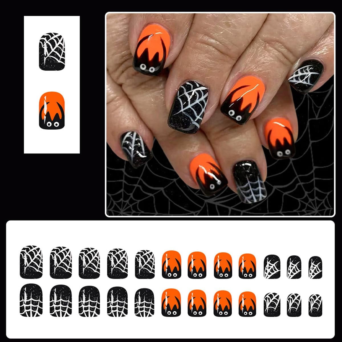 JUNXIAO-Halloween Press on Nails Spider Web Fake Nails Short Square ...