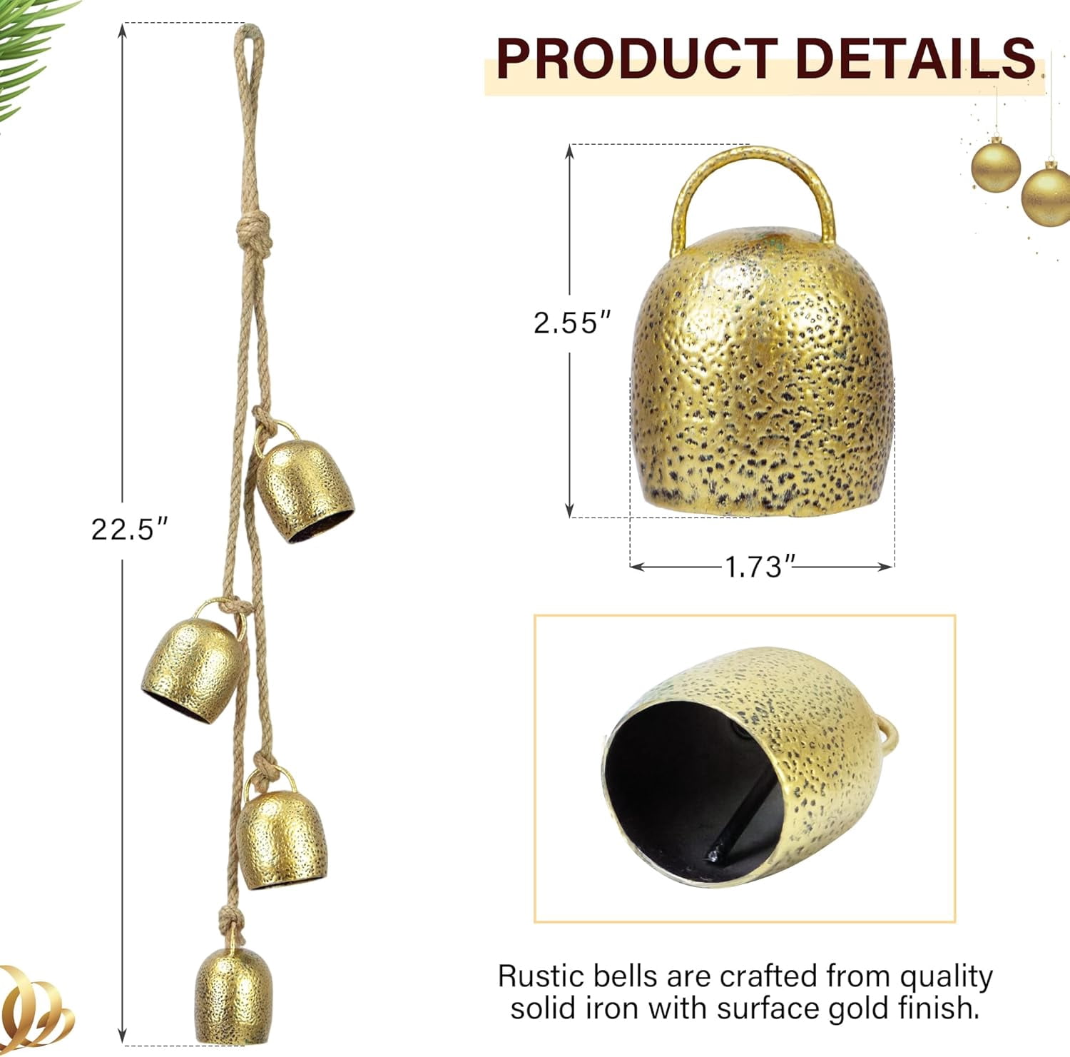 JUNXIAO-Handmade Iron Brass Finish Bell 4 Brass Cow Bells on Rope for ...