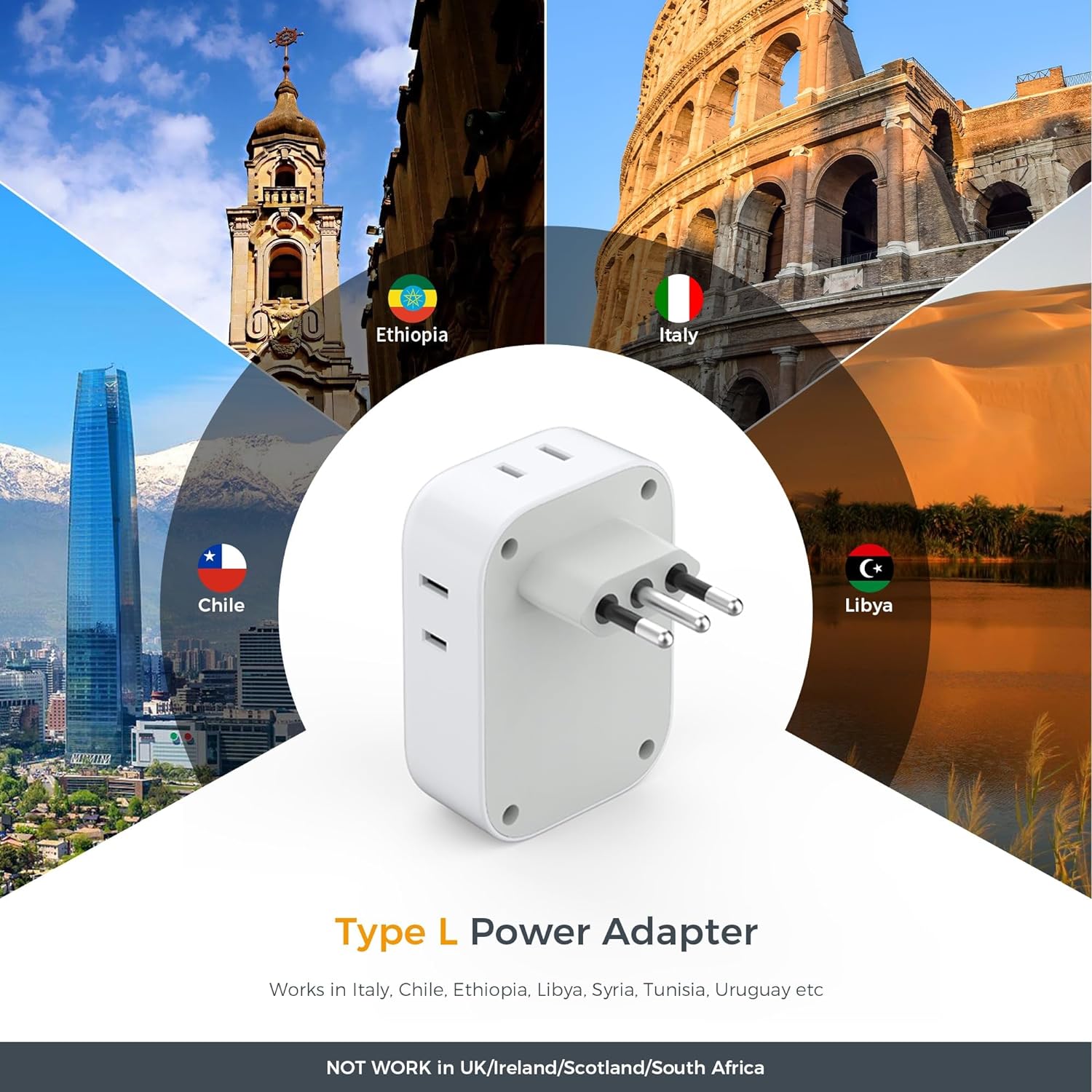JUNXIAO-Italy Travel Plug Adapter 2 Pack, Italy Power Adaptor with 4 ...