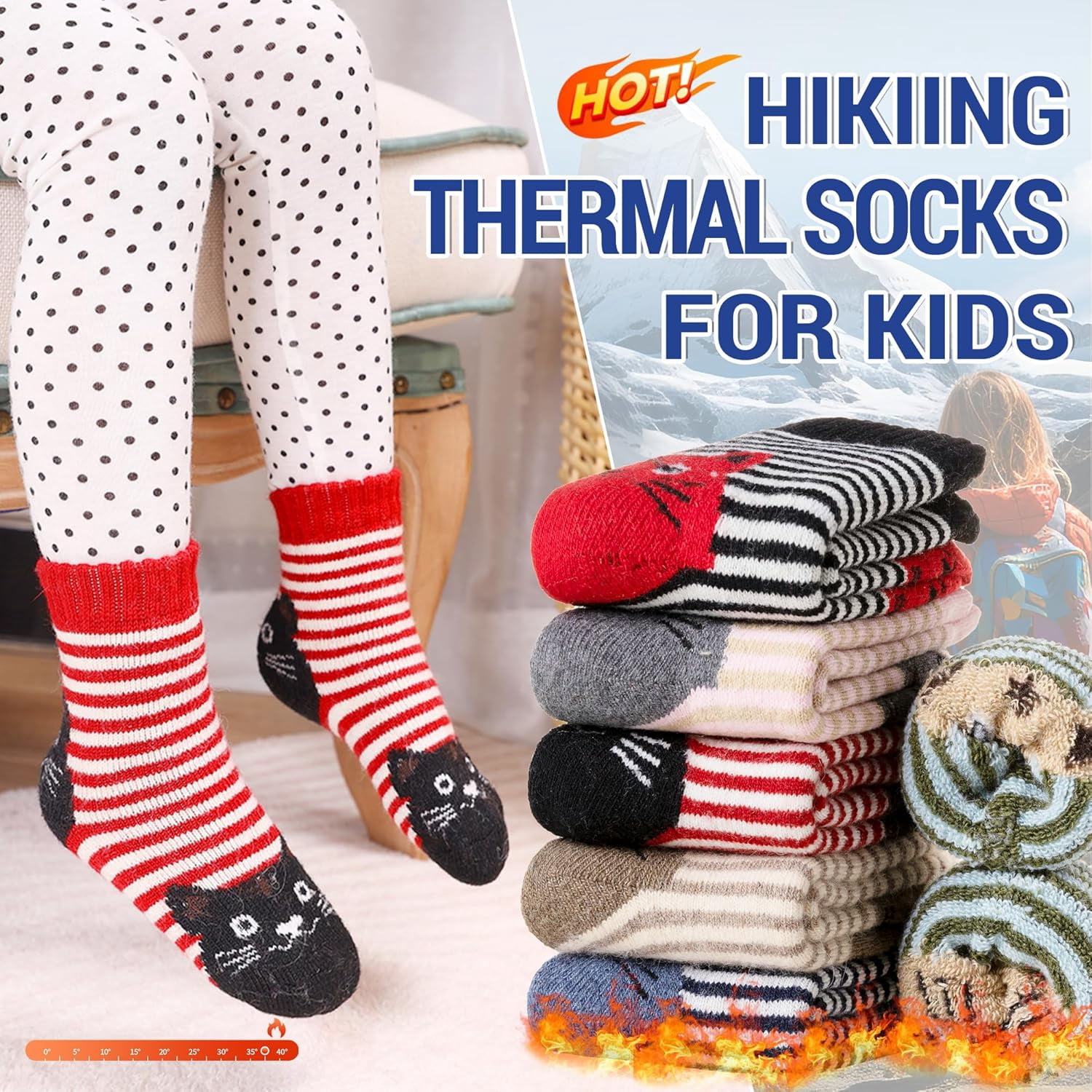 JUNXIAO-Kids Wool Socks For Boys Girls Warm Hiking Thermal Winter Cozy ...