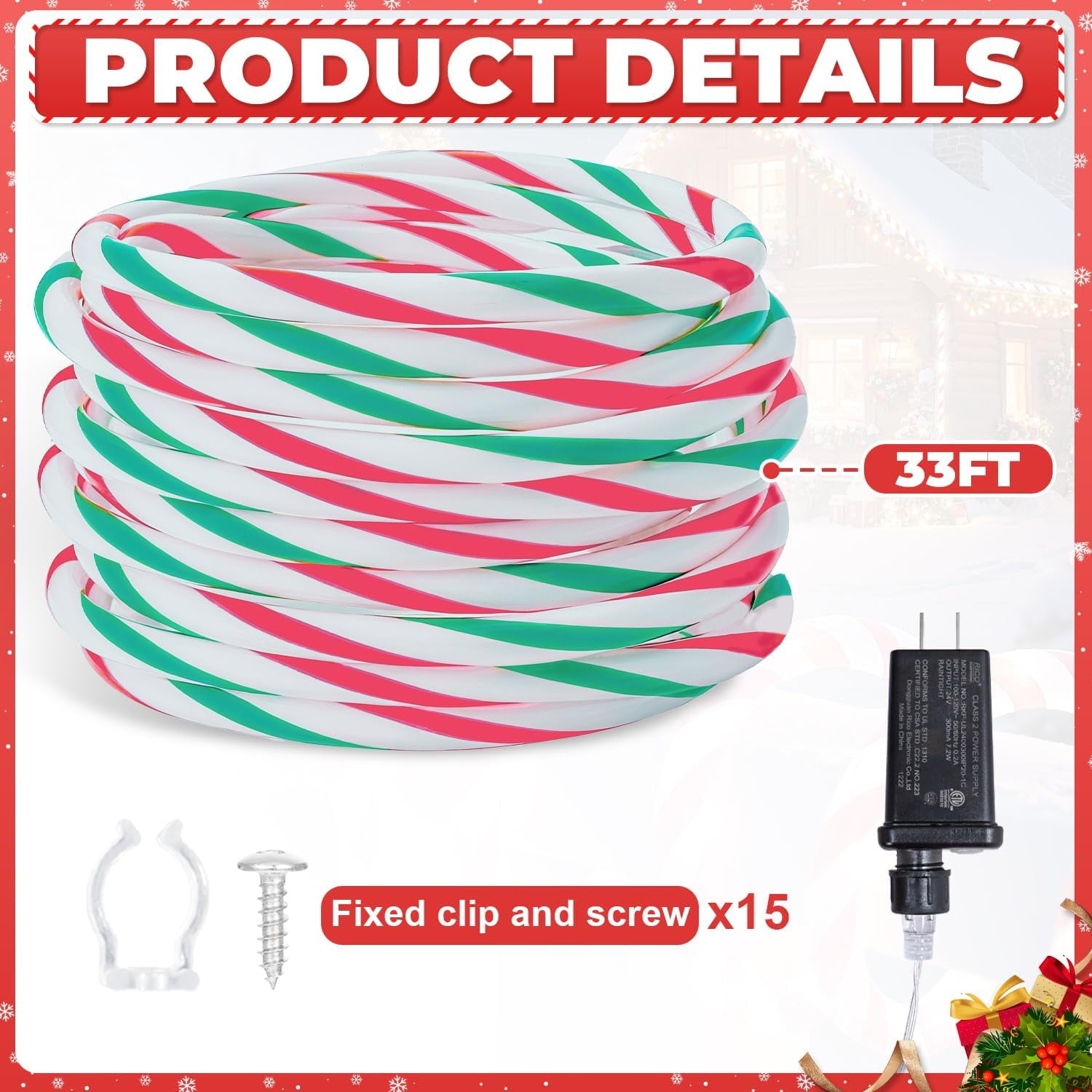 LINYAN-LED Candy Cane Rope Lights Christmas 33FT 8 Modes Christmas Rope ...