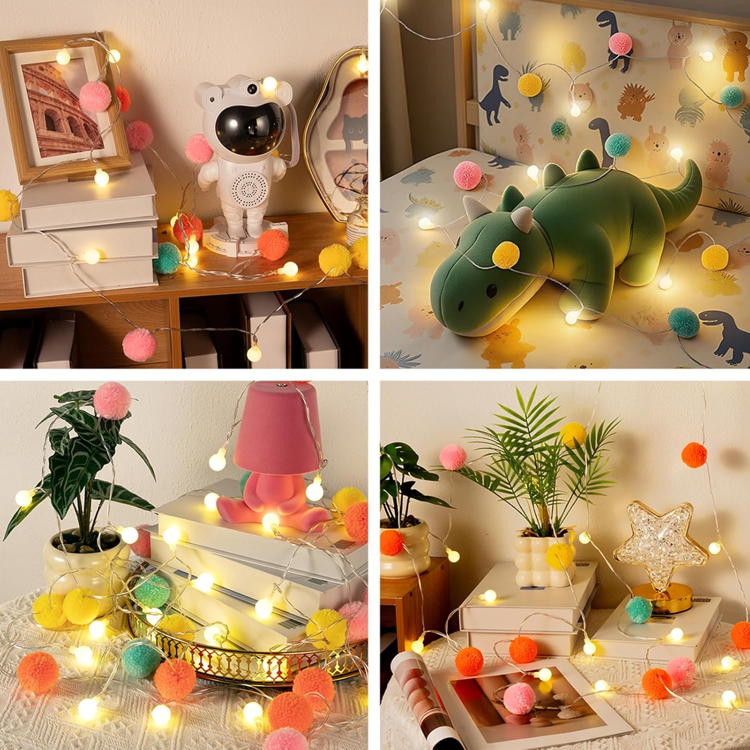 JUNXIAO-LED Pom Poms Fairy Lights - 21Feet, 20 LED, Battery Operated ...