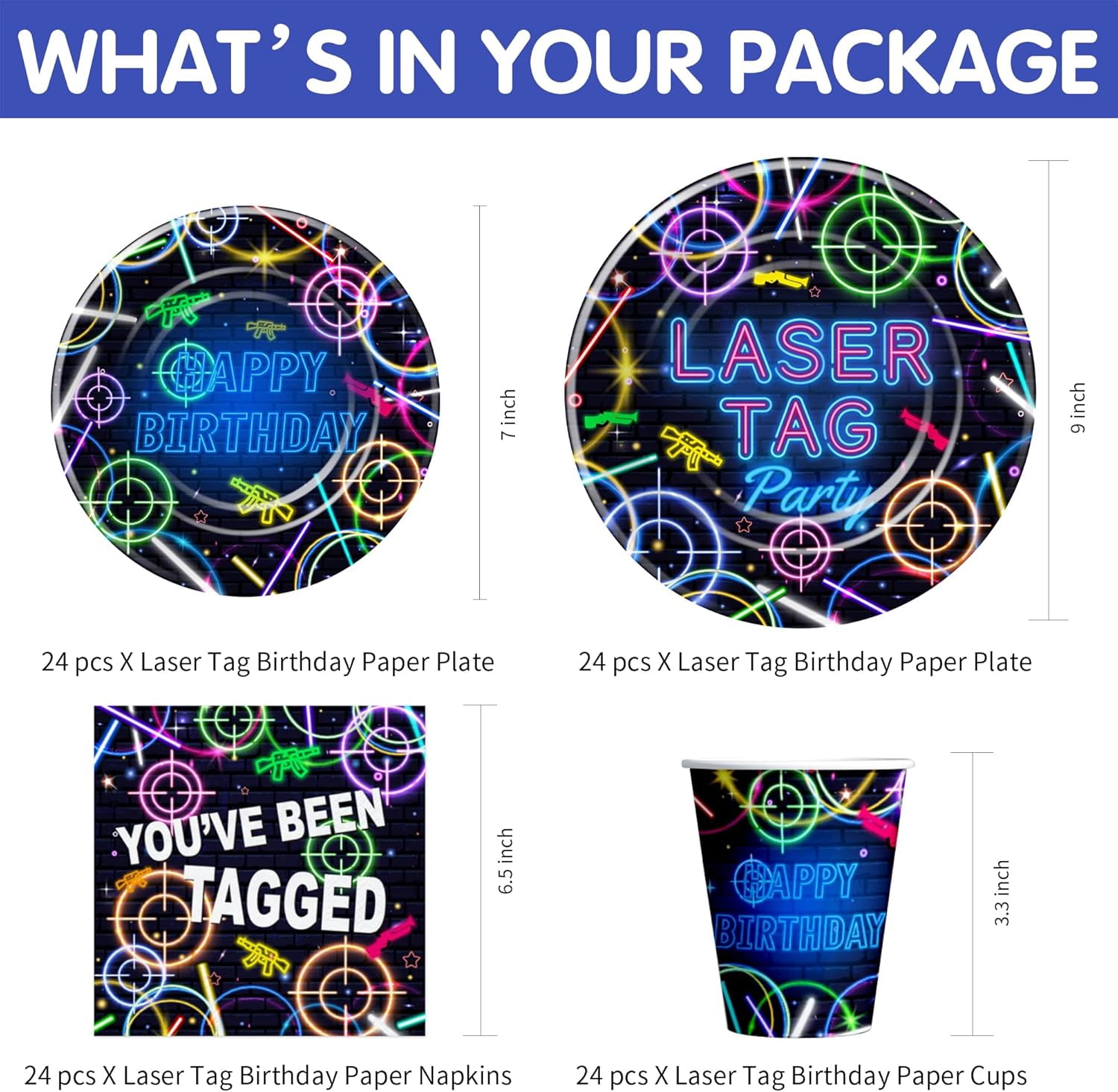 JUNXIAO-Laser Tag Birthday Party Decorations Tableware - Neon Glow ...