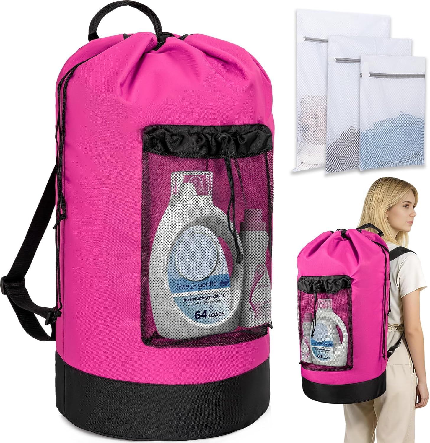 JUNXIAO-Laundry Bag Backpack with 3 Sizes Mesh Wash Bags and Shoulder ...