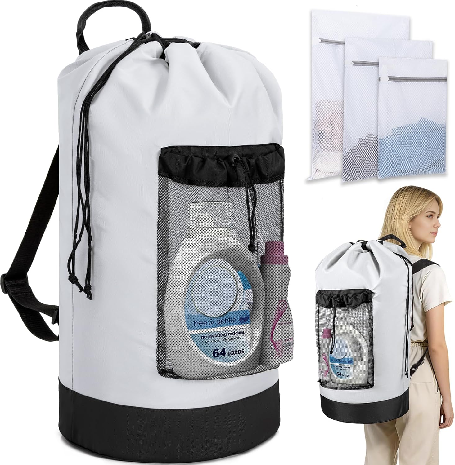 JUNXIAO-Laundry Bag Backpack with 3 Sizes Mesh Wash Bags and Shoulder ...