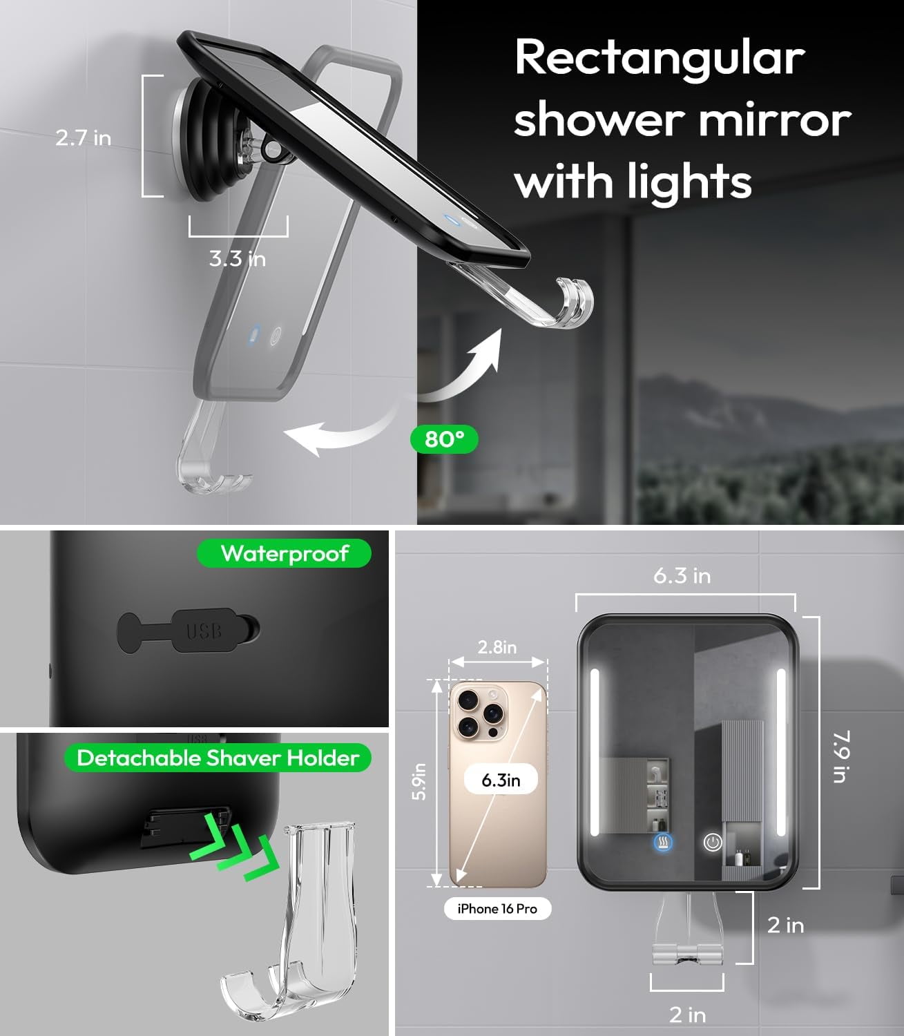 JUNXIAO-Lighted Shower Mirror Fogless for Shaving with Light, 5000mAh ...