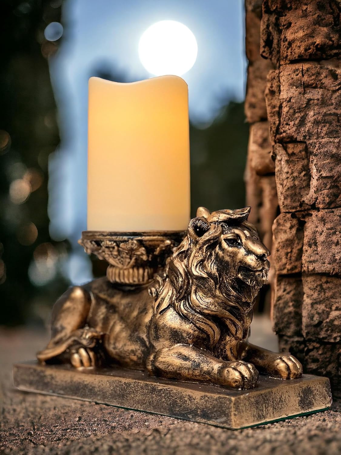 JUNXIAO-| Lion Figurine Candle Holder | Antique Gold Finish | Flameless ...