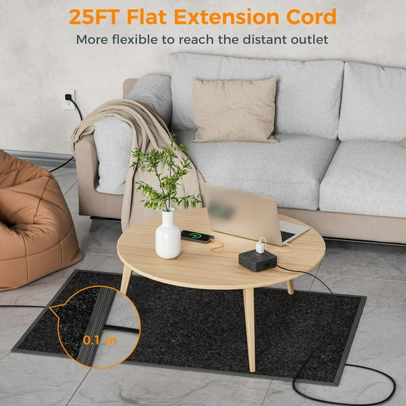 JUNXIAO-Long Extension Cord 25 FT, Ultra Thin Flat Plug Power Strip ...