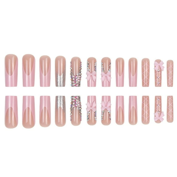 JUNXIAO-Long Pink Press on Nails Rhienstones Fake Nails Tips Full Cover ...
