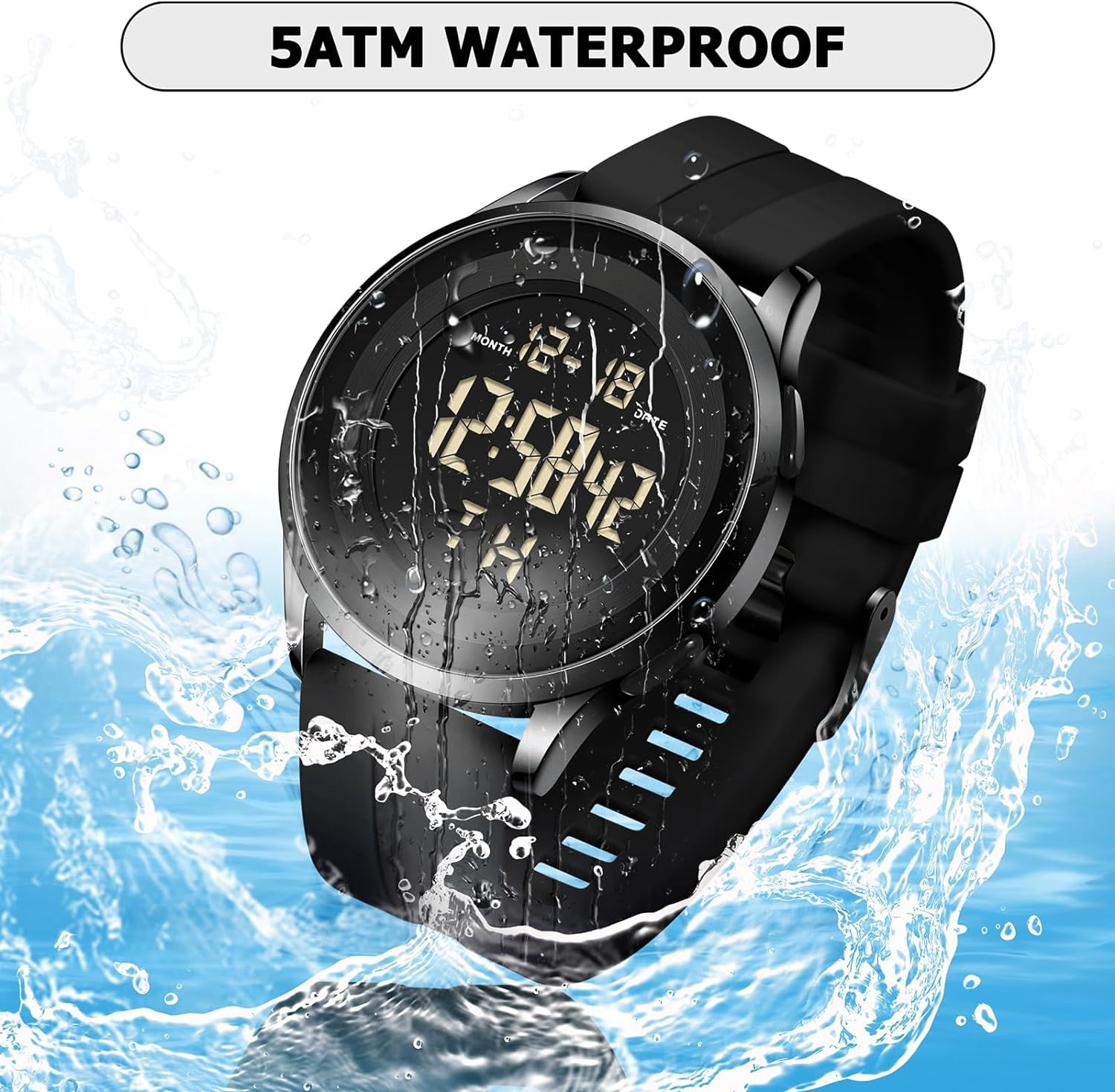 JUNXIAO-Mens Digital Waterproof Military Watch for Men Black Dive ...