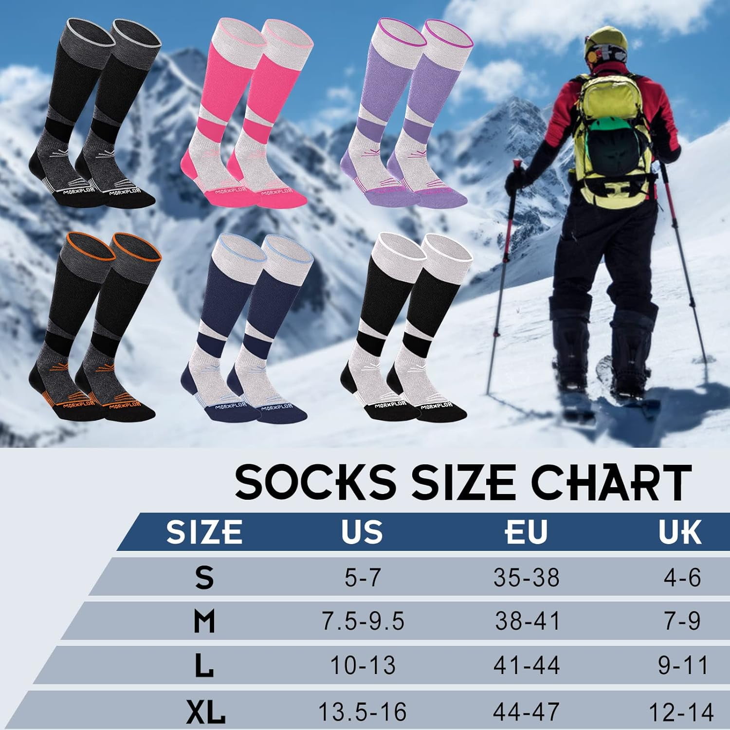 JUNXIAO-Merino Wool Ski Socks 2 Pairs Pack for Men&Women,Skiing and ...