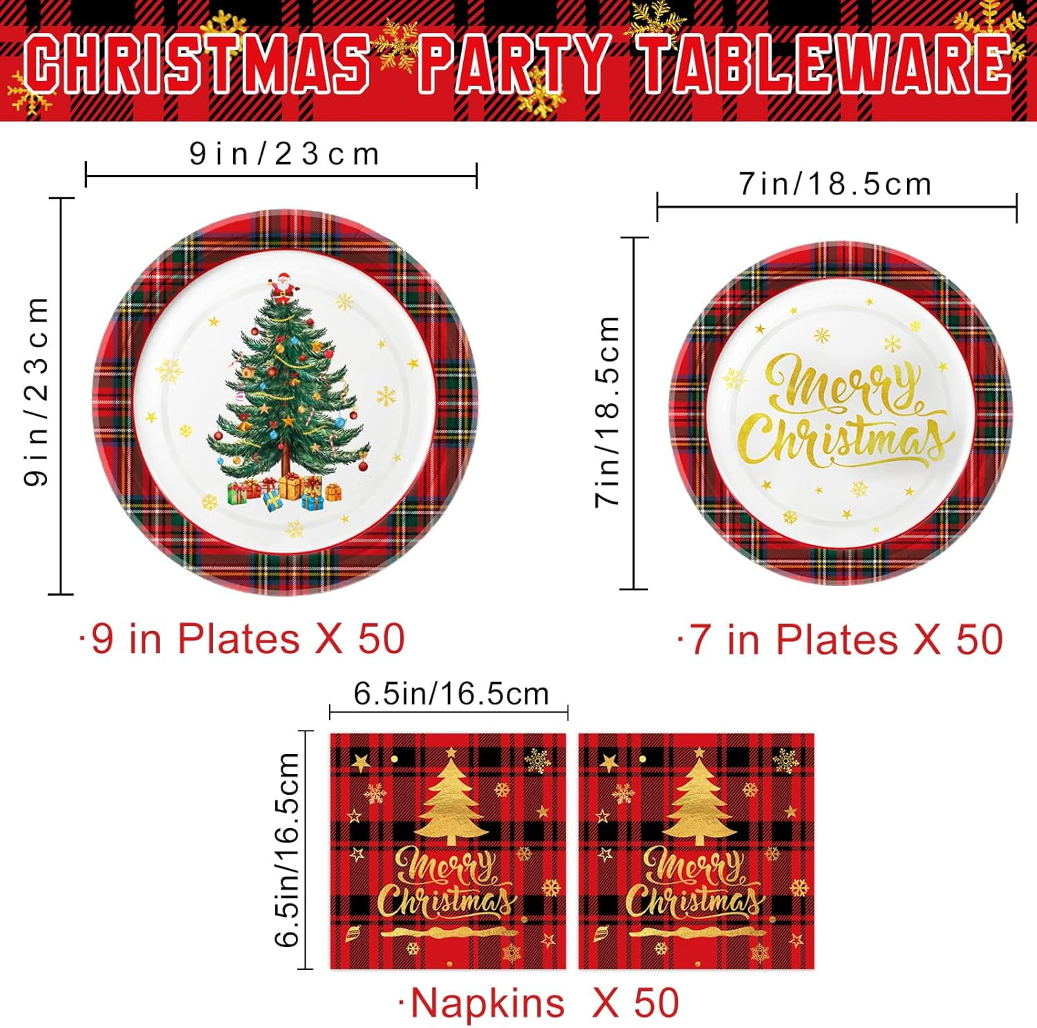 JUNXIAO-Merry Christmas Plates and Napkins Set, Tree Red Plaid ...