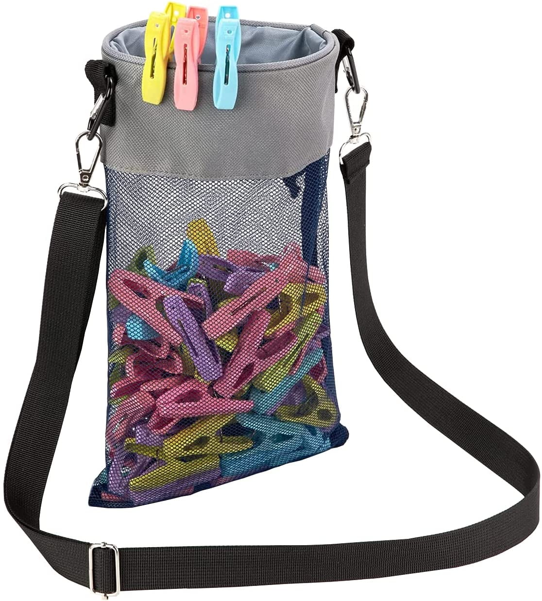 JUNXIAO-Mesh Clothespin Bag with Hooks Hanging Clothes Pin Bag with ...