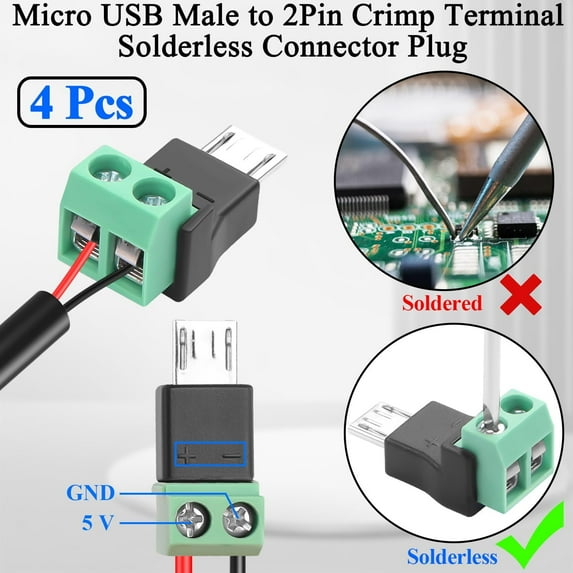 JUNXIAO-Micro USB 2Pin Solderless Charging Connector Micro u-s-b Male ...