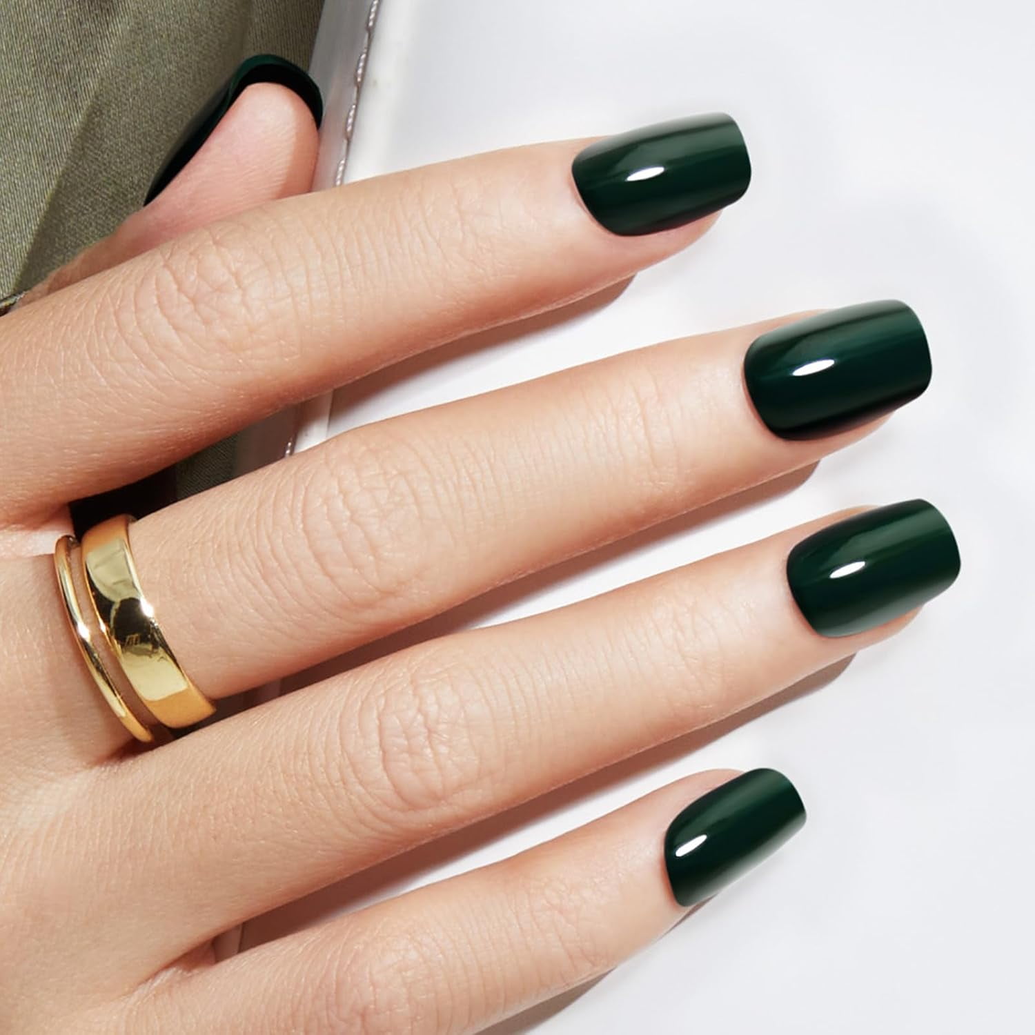 JUNXIAO-Modelones Dark Green Press on Nails, Short Square Fake Nails ...