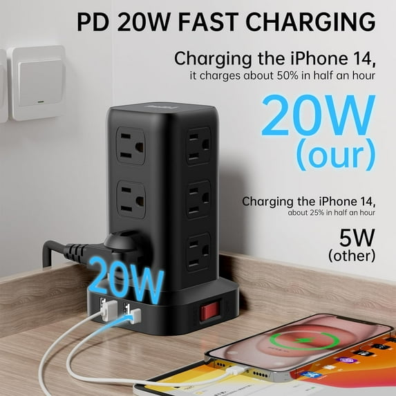 JUNXIAO-PD20W Surge Protector Power Strip Tower, 15FT Extension Cord ...
