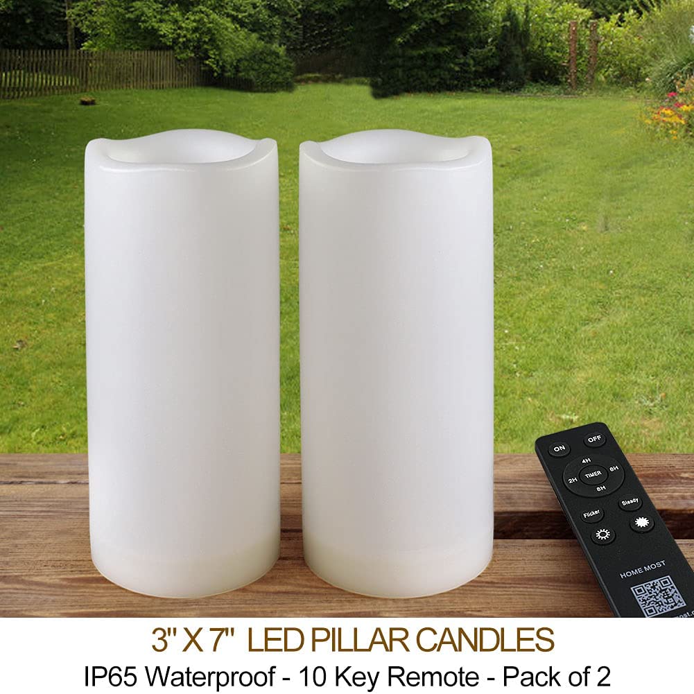 JUNXIAO-Pack of 2 Outdoor LED Pillar Candles 3x7 White with Timer and ...