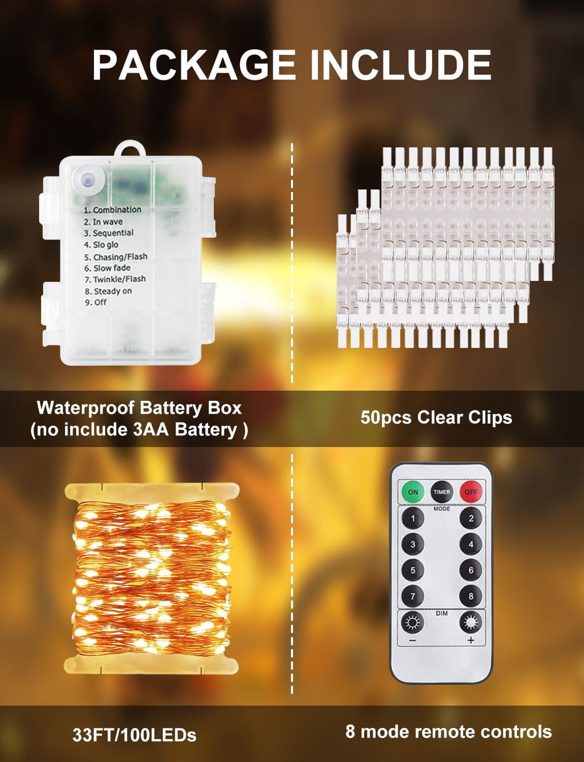 LINYAN-Photo Clip String Lights with Remote, 33FT 100 LED Battery ...