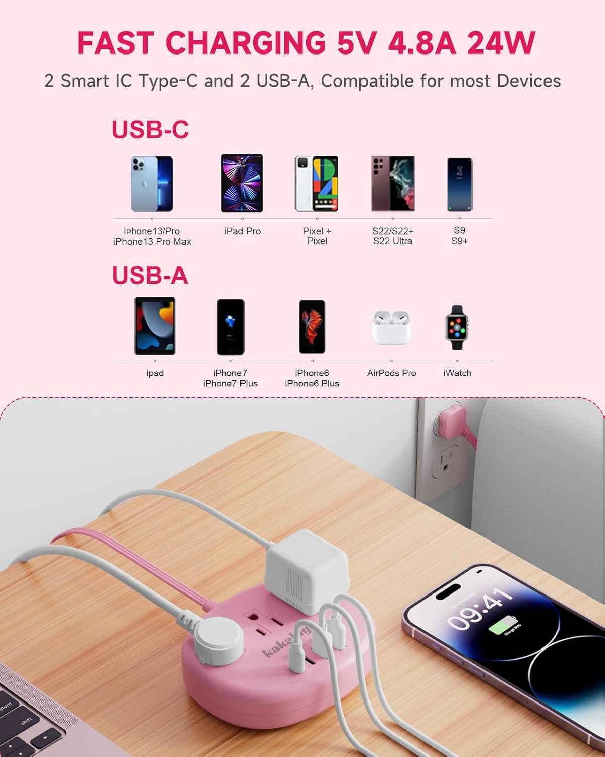 JUNXIAO-Pink Extension Cord - 10 FT Flat Extension Cord, 1625W Cute ...