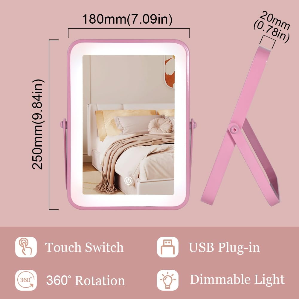 JUNXIAO-Pink Rechargeable Vanity Mirror with Lights, 10"×7" LED Makeup ...