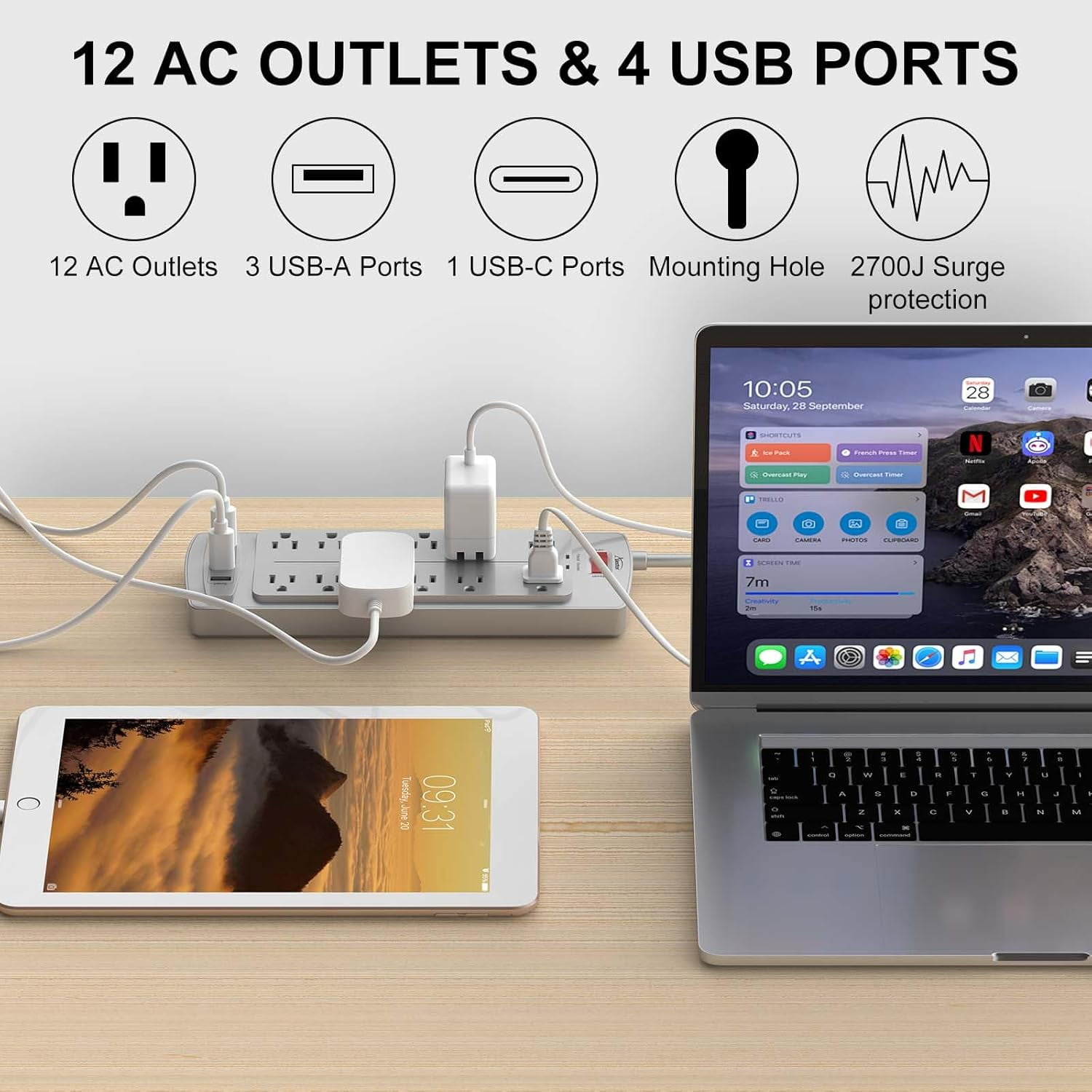 JUNXIAO-Power Strip, ALESTOR Surge Protector with 12 Outlets and 4 USB ...
