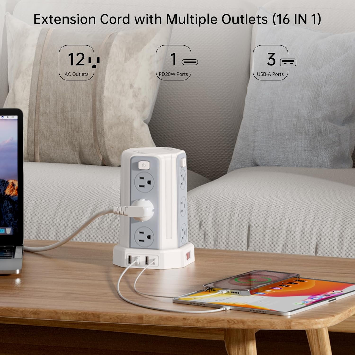 JUNXIAO-Power Strip Surge Protector, 10 Ft Extension Cord with 12 AC ...