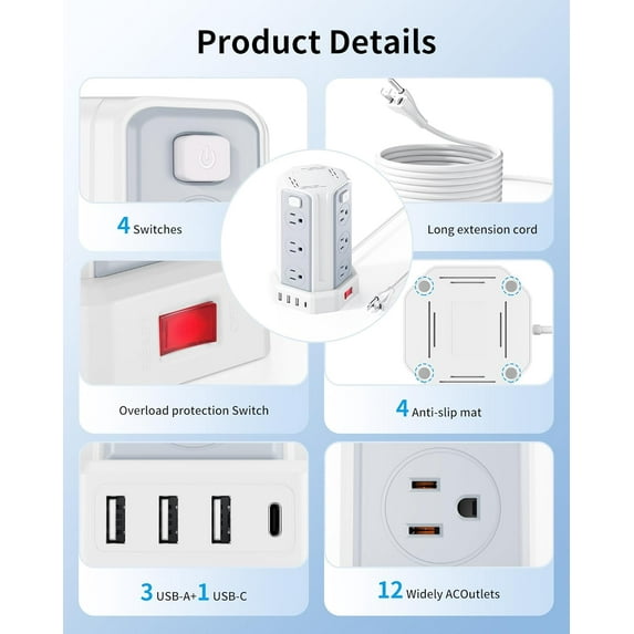 JUNXIAO-Power Strip Surge Protector, 10 Ft Extension Cord with 12 AC ...