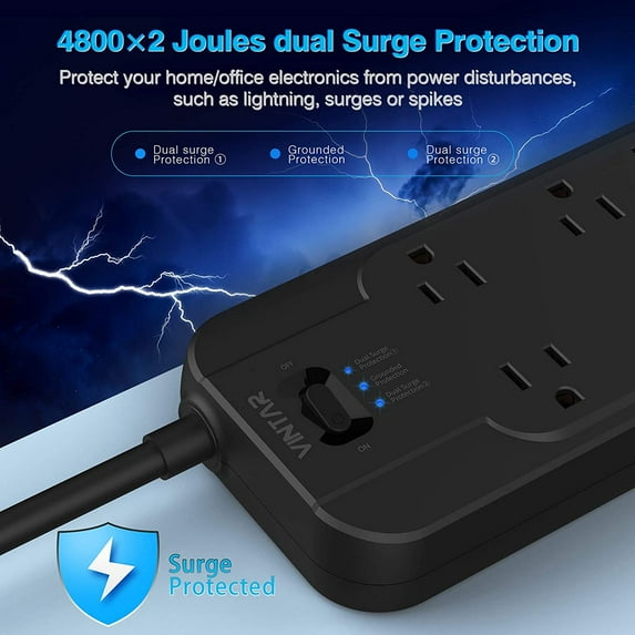 JUNXIAO-Power Strip Surge Protector (2 × 4800 Joules) with 12 AC ...
