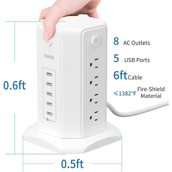 JUNXIAO-Power Strip Tower Surge Protector, 8 Outlet 5 USB Desktop ...