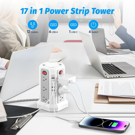 JUNXIAO-Power Strip Tower Surge Protector with PD20W USB C, 6FT Desktop ...