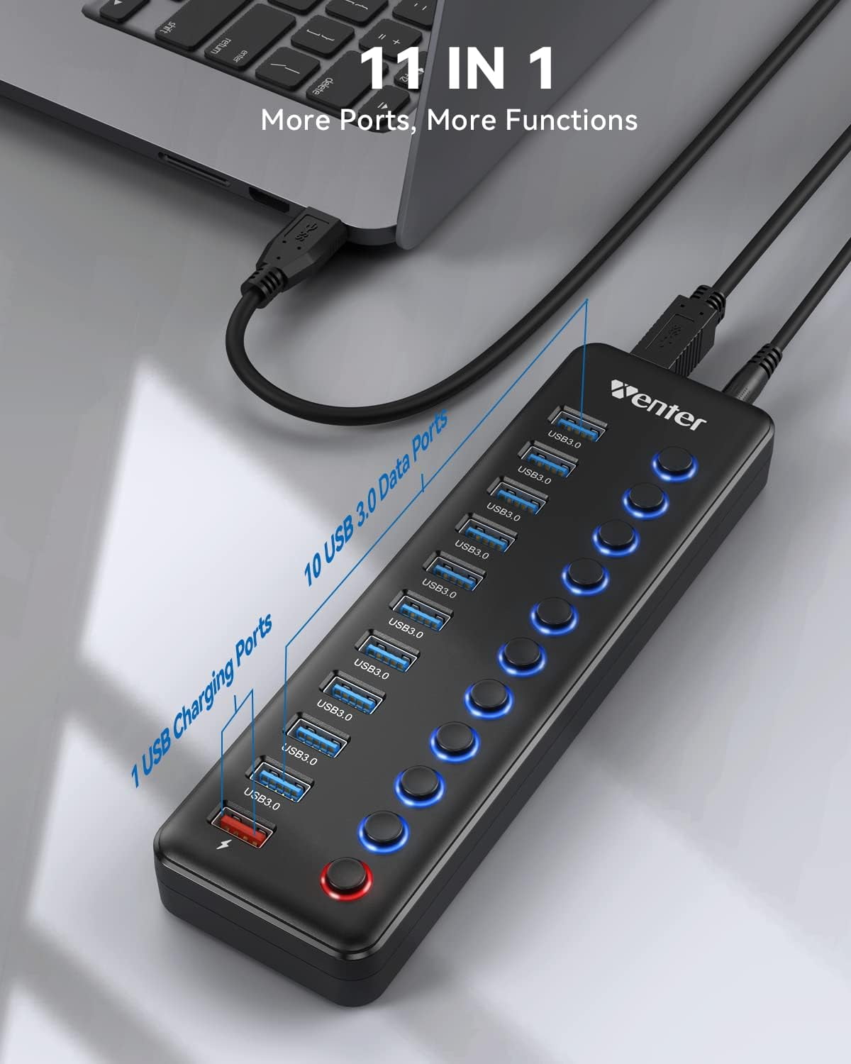 JUNXIAO-Powered USB Hub, Wenter 11-Port USB Splitter Hub (10 Faster ...