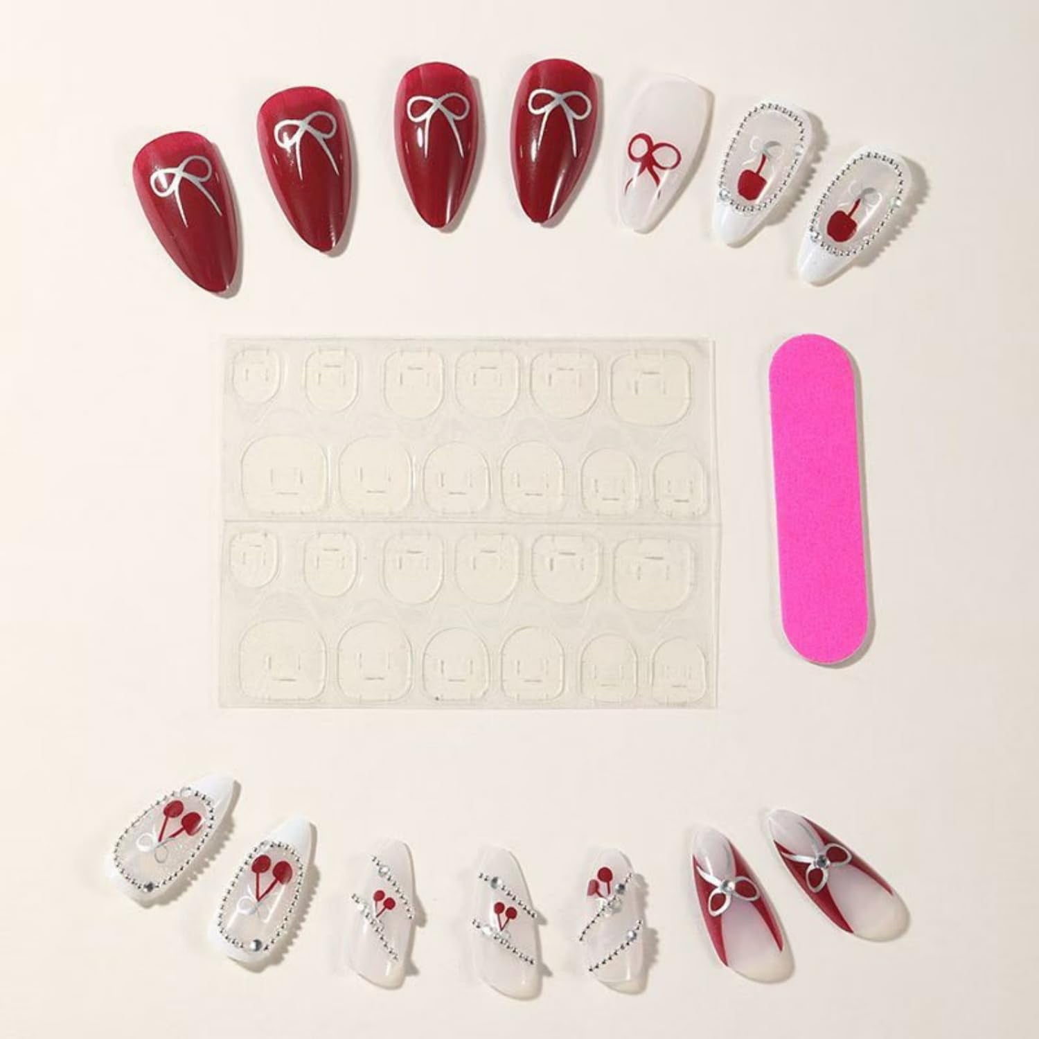 JUNXIAO-Press on Nails Medium Almond Fake Nails French Tip with Bow ...