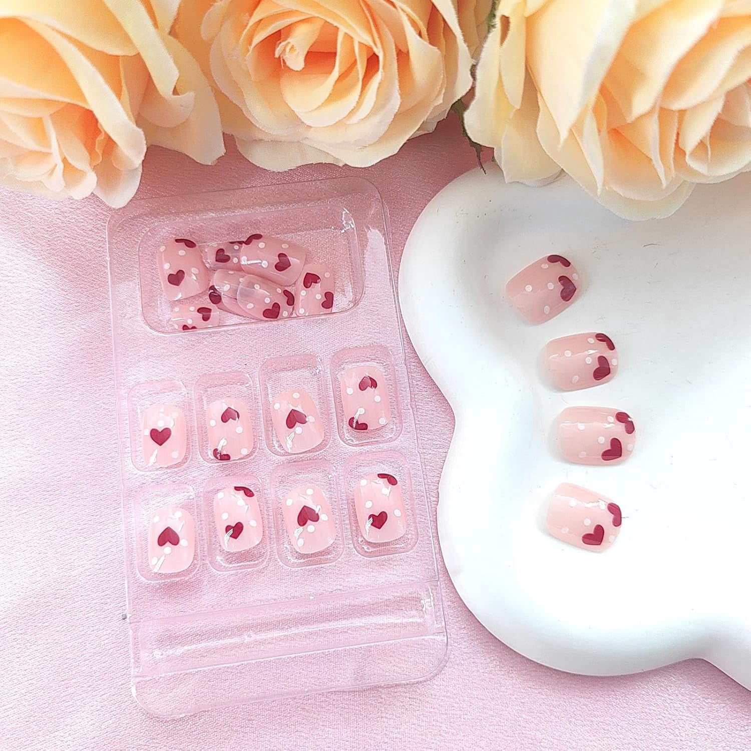 JUNXIAO-Press on Nails Short Square Fake Nails with Polka Dots Design ...