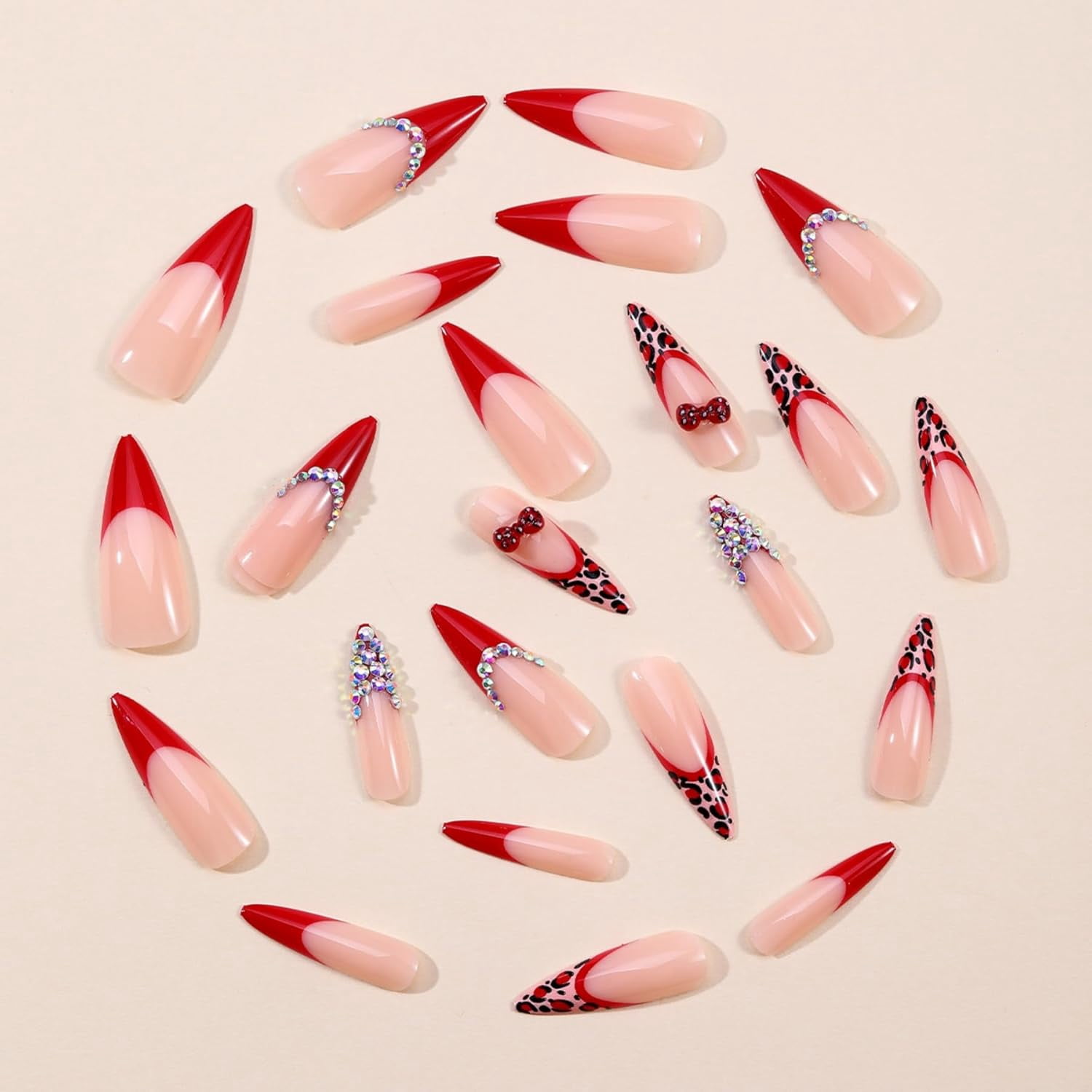 JUNXIAO-Press on Nails Medium Almond Fake Nails French Red Artificial ...