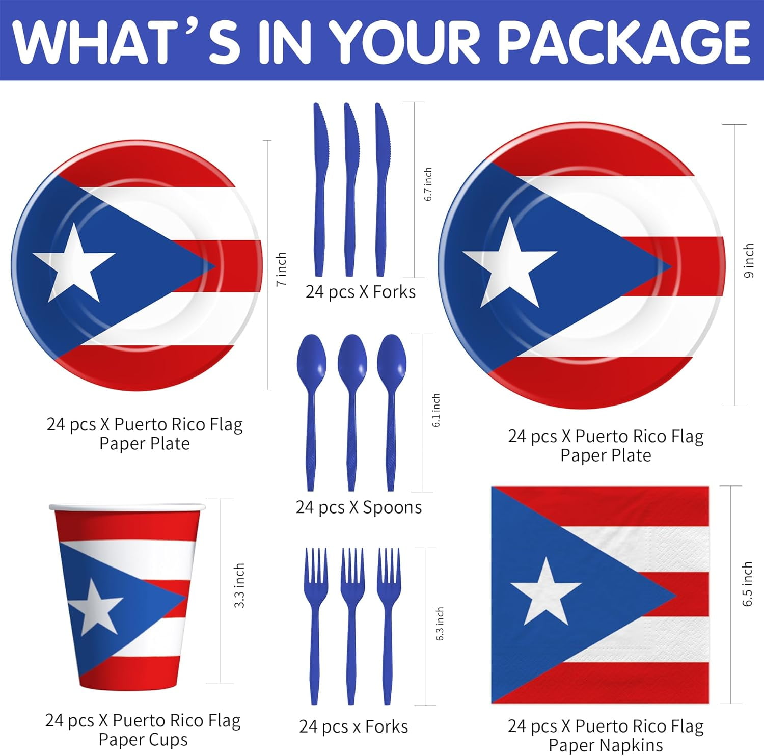 JUNXIAO-Puerto Rico Flag Decorations Tableware - Disposable Puerto Rico ...