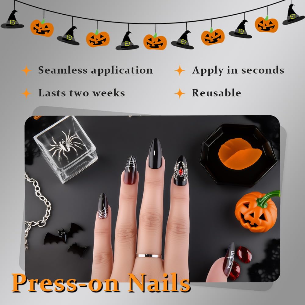 JUNXIAO-Red Black Ombre Press on Nails Short Almond, Handmade Fake ...