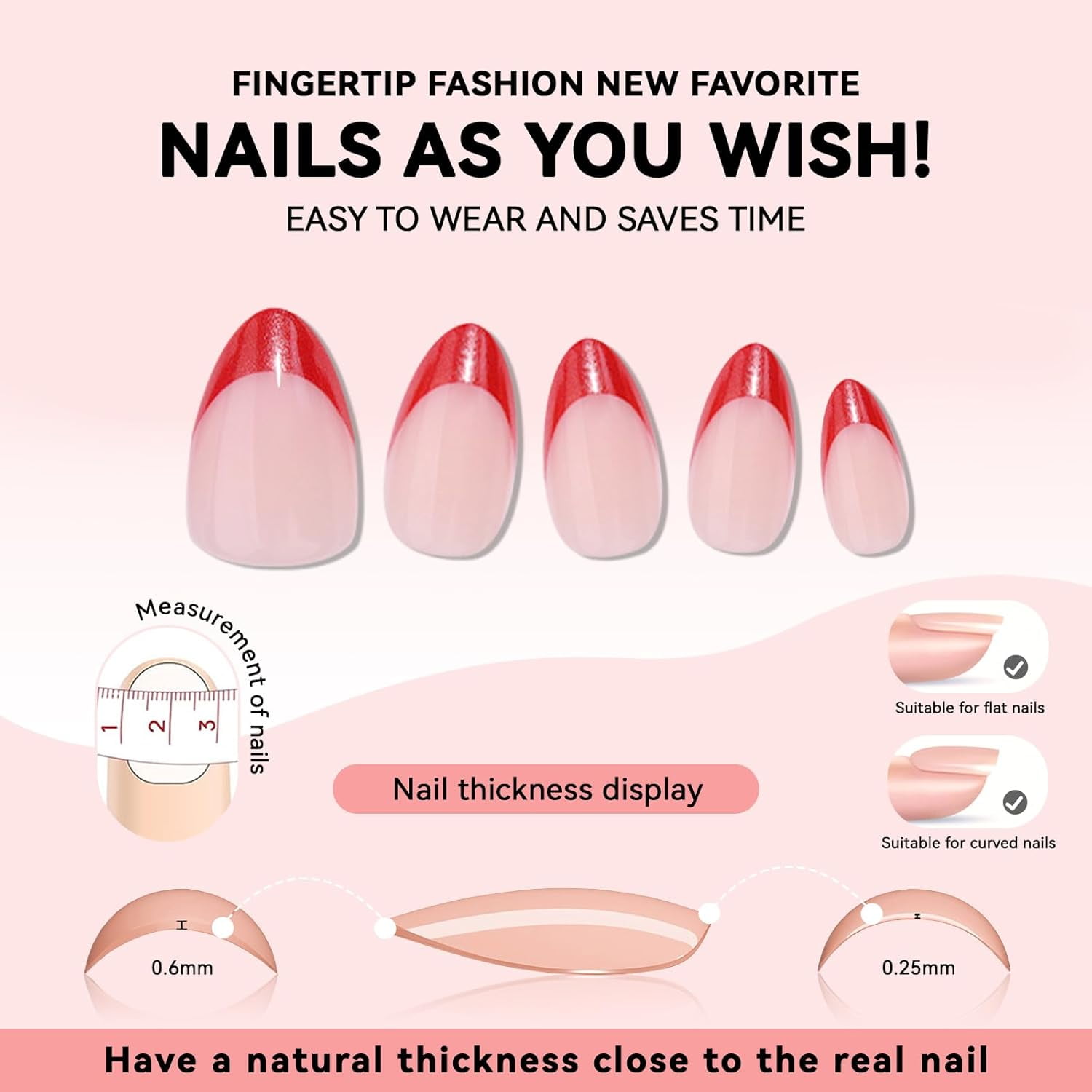 JUNXIAO-Red French Tip Press on Nails Short Almond, Soft Gel Glossy Red ...