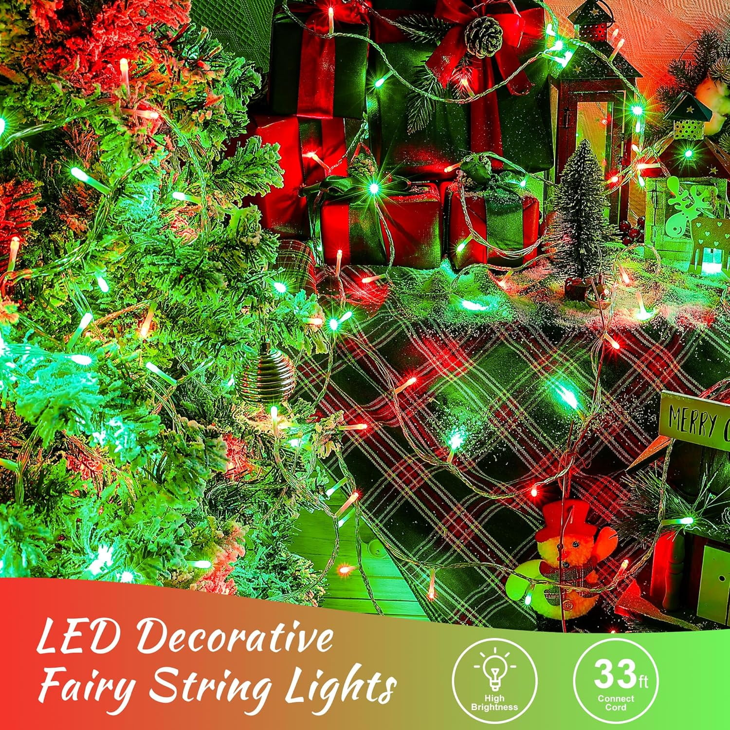 JUNXIAO-Red and Green String Lights, 33ft 100 LED Christmas Lights Plug ...
