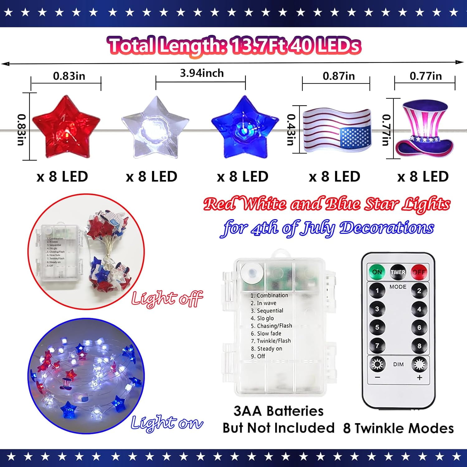 JUNXIAO-Red White and Blue Lights Battery Operated, 13.7Ft 40 LED Mini ...