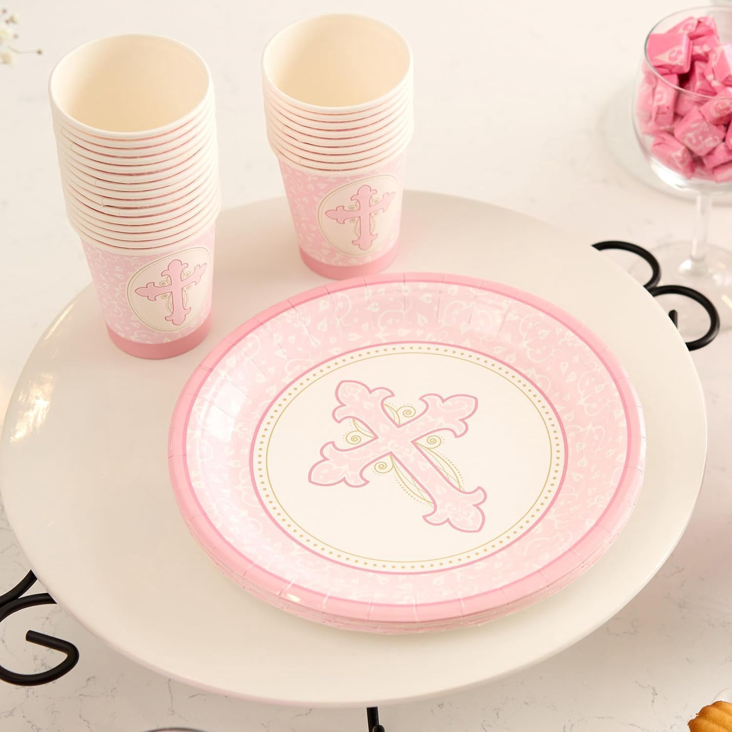JUNXIAO-Royal Bluebonnet Pink Baptism Plates and Napkins - Set of 24 ...