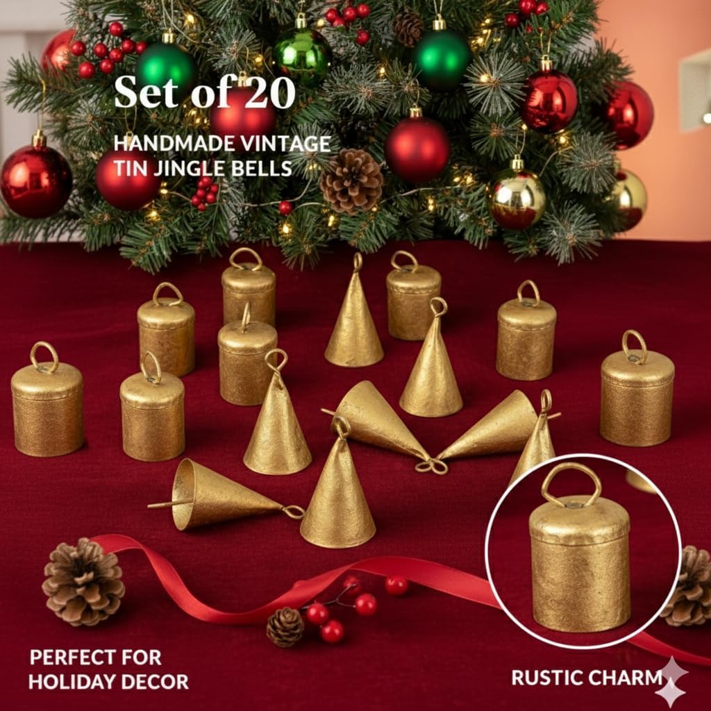 JUNXIAO-Set of 20 Handmade Vintage Tin Jingle Bells – Rustic Indian Cow ...