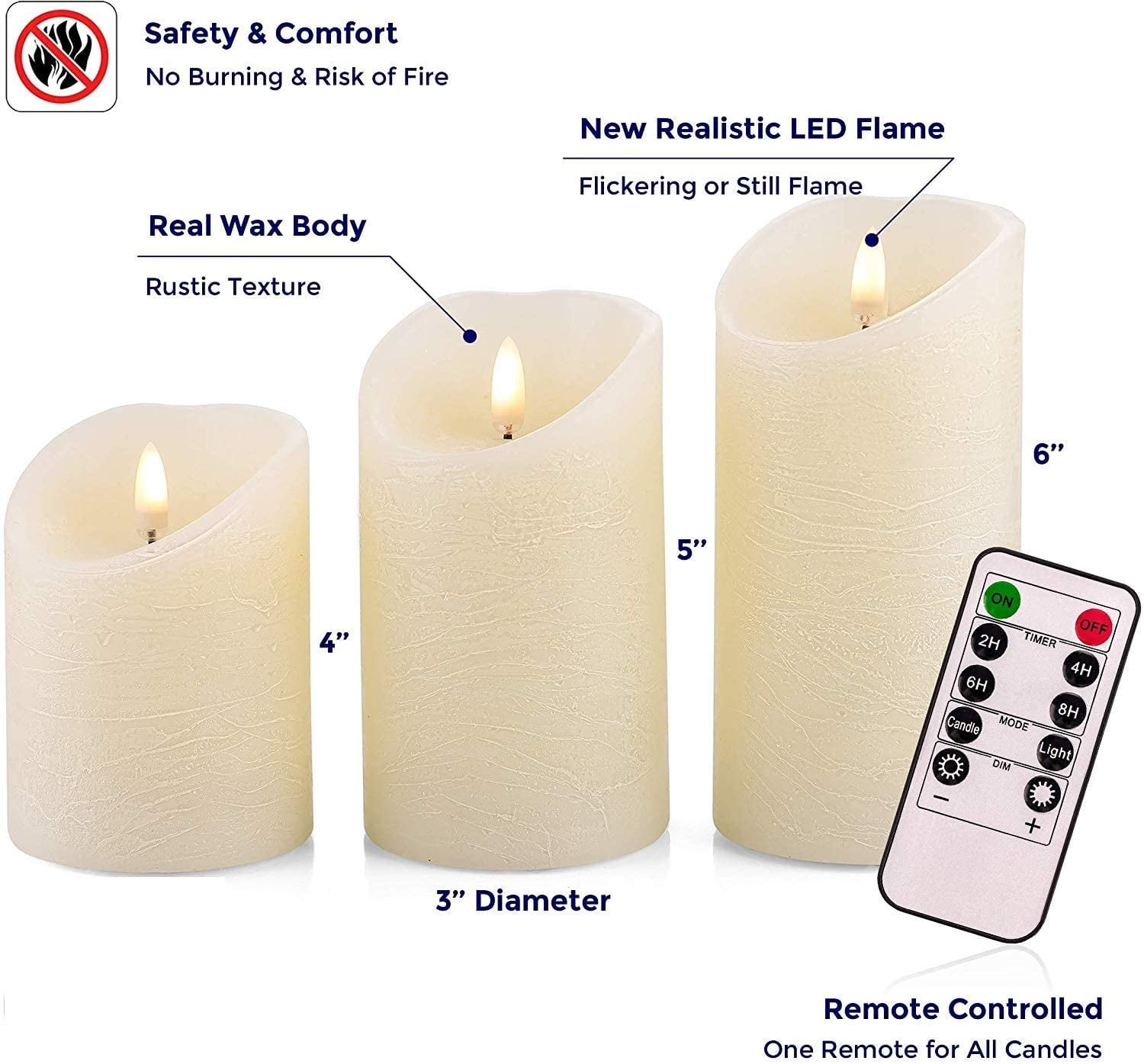 JUNXIAO-Set of 3 Warm Ivory Pillar Candles | Real Wax Battery Operated ...