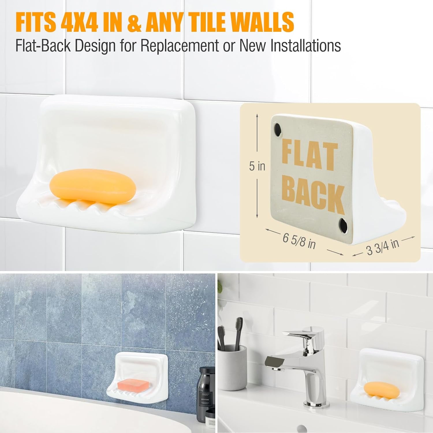 JUNXIAO-Shower Wall Soap Holder & Ceramic Soap Dish - Fits 4x4 Inch ...